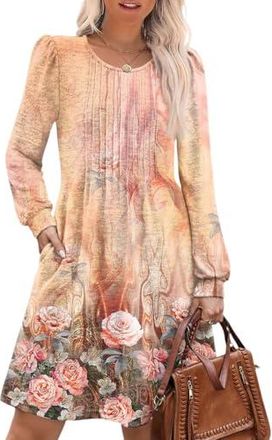 Generic Robe de chambre gaufr&eacute;e de style boh&egrave;me pour femme, mini robe &agrave; manches longues, robe trap&egrave;ze d&eacute;contract&eacute;e, fluide avec poches lat&eacute;rales, robe moulant