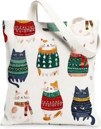 Generic Sac fourre-tout en toile motif chat festif, sac de courses r&eacute;utilisable, sacs de courses r&eacute;utilisables, vacances dhiver, l&eacute;ger et lavable, toile pour 