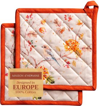 Maison d'Hermine Topflappen, 100% Baumwolle, hitzebeständig, Set mit 2 Hotpads mit Schleife zum Backen, Grillen, Mikrowelle, Kelim - Prairie - Erntedankfest/Weihnachte