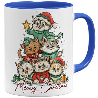 OM3 Meowy Christmas Kaffee-Tasse mit s&uuml;&szlig;en K&auml;tzchen - Weihnachtstasse Weihnachtskatzen Kitten- Keramik Becher - 325ml - Beidseitig Bedruckt - Blau