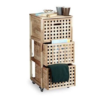 Relaxdays Rollcontainer Holz mit 3 F&auml;chern Walnuss HBT: ca. 91,5 x 40,4 x 40,4 cm Utensilienwagen Rollregal W&auml;schebox Holz Schrank rollbarer Schubladenschrank, 
