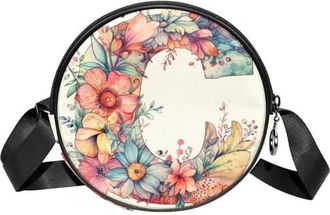 Generic Petit sac &agrave; bandouli&egrave;re circulaire pour femme, motif floral lettre C, petit sac &agrave; dos &agrave; bandouli&egrave;re avec fermeture &eacute;clair, bretelles r&eacute;glables, sac &agrave; 