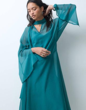 Asos robe smock midi en mousseline avec lien au cou en bleu sarcelle-Vert