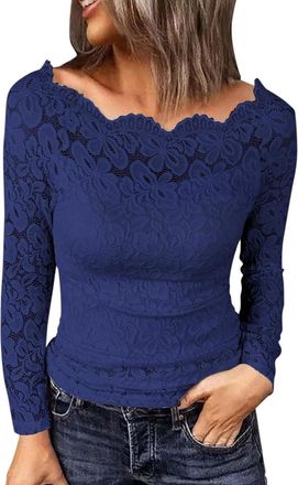 Minetom Damen Top Spitzen Schulterfrei Bluse Elegant Oberteile Basic Langarm T Shirt Lace Langarmshirt Slim Fit Pullover Spitzentop A Blau M