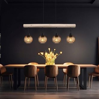 Globo Lighting Pendelleuchte Holzlampe Hängelampe Glas Höhenverstellbar Wohnzimmer 4 flammig Holzbalken, Metall Schwarz amber, 4x E27 Fassungen, LxBxH 82x13x120 cm