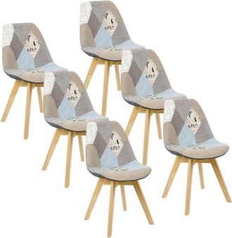 Woltu 6er Set Esszimmerstuhl Design Stuhl Leinen K&uuml;chenstuhl Holz Patchwork Grau+khaki