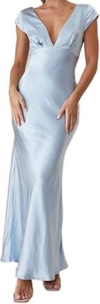 Generic Robe de soirée en Satin pour Femme, col en V, Manches Courtes, Dos Nu, Longue, élégante, torsadée, découpée, été