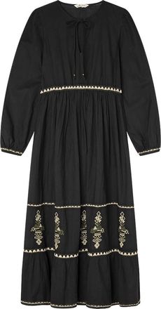 Springfield Damen Vestido Midi Bordados, Mangas Abullonadas Y Cordones Con Borlas Kleid, Black, 34