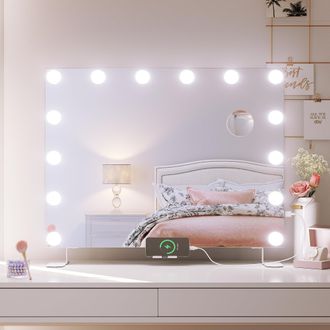 Sonni Hollywood Spiegel 80x60 cm, Schminkspiegel mit Handyhalterung und USB-Ladeanschluss, 14 LEDs Gro&szlig;er Schminkspiegel mit 3 Farbtemperaturen und 10-fache