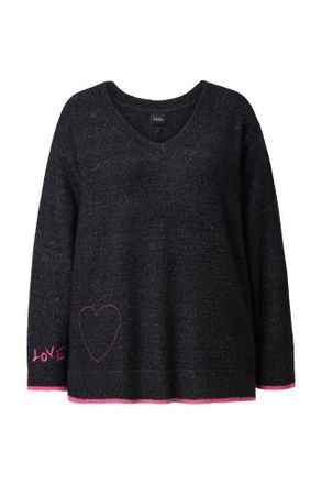 Ulla Popken Strickpullover Pullover Herzstickerei V-Ausschnitt Langarm