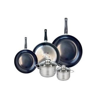 Fackelmann ELO 9740850 Batterie de cuisine 5 pièces, Ensemble de 3 Poêles de cuisson 20, 24 et 28 cm et 2 faitouts 12 et 14 cm Elo Prima Brillant, inox, inductio