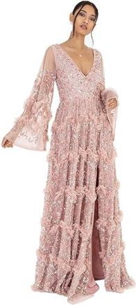 Maya Ladies Womens Maxi Dress V Neckline Sequin with Ruffle Empire Waist Slit Split for Prom Ball Bridesmaid Wedding Guest, Robes aux Femmes, Rose Givré, 3