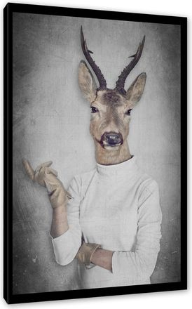 Pixxprint Hirschkopf Menschenkörper im Pullover B&W Detail, Größe: 80x60cm, Leinwandbild, fertig gespannt, Wandbild, Dekoration, Kunstdruck, kein Poster