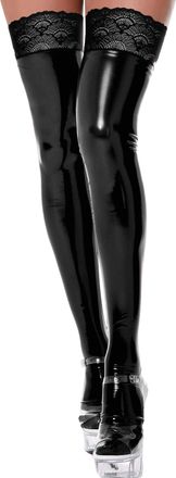 Feoya Latex Str&uuml;mpfe f&uuml;r Damen Wetlook Overknees Ledersocken Gl&auml;nzend Strumpfhosen Spitze Socken Clubwear L Schwarz