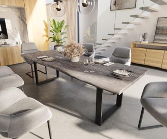 DELIFE Esstisch Edge 260x100 Akazie Platin Metall Schmal schwarz Live-Edge, Esstische, Baumkantenm&ouml;bel, Massivholzm&ouml;bel, Massivholz