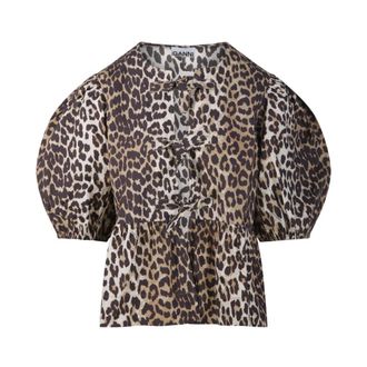 Ganni Bedruckte Baumwoll-Popeline-Bluse mit Sch&ouml;&szlig;chen - - Blouses & Shirts - Damen - Braun - S