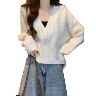 Generic Vestes dhiver tricot&eacute;es &agrave; un bouton pour femme - &Eacute;l&eacute;gantes et amples - Pour le bureau - Style d&eacute;contract&eacute; - Col en V - Cardigan court, blanc, Taille U