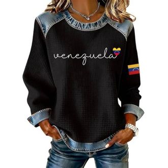Generic Venezuela - Sweat-shirt gaufr&eacute; imprim&eacute; vintage pour femme - Denim patchwork - Pull &agrave; manches longues - D&eacute;contract&eacute; - Haut en jean, Noir, XXL