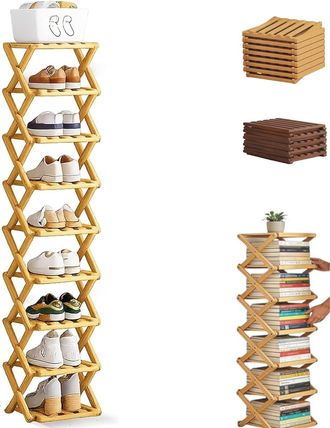 Generic The 9-Tier No-Assembly Bamboo Rack, Foldable Vertical Shoe Organizer for Small Spaces, No-Tool Assembly, Foldable Storage Shelf for Shoes, Books & Hom