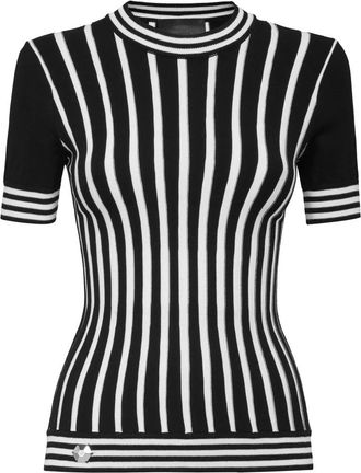 Philipp Plein Femme, Pulls, Noir, Taille: 44 FR Intarsia Stripes Short-Sleeve Pullover