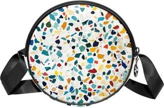Generic Sac &agrave; bandouli&egrave;re rond pour femme, Terrazzo color&eacute;, petit sac &agrave; bandouli&egrave;re avec fermeture &eacute;clair, bretelles r&eacute;glables, sac &agrave; main rond d&eacute;contract&eacute; po