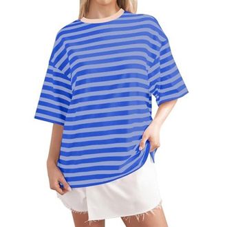 Generic T-shirt &agrave; rayures d&eacute;contract&eacute; pour femme avec col rond et manches courtes pour le printemps. T-shirt ray&eacute; minimaliste et confortable, bleu ciel, XXL