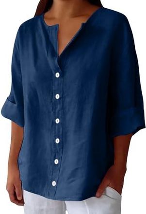 Generic HUIFUAO - Haut en Lin à Manches 3/4 pour Femme, Grande Taille, Chemisiers et Chemises dété, Confortables, Respirants, légers, col en V, Tunique bouton