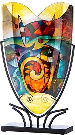 GILDE GLAS art Deko Vase auf schwarzem Metall Ständer - Kunstobjekt handbemalt - Mehrfarbig Höhe 48 cm