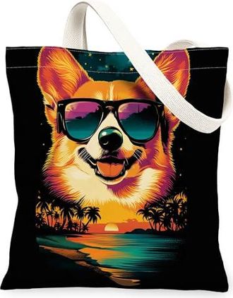 Generic Summer Corgi Sac fourre-tout en toile pour faire du shopping 33 x 38,1 cm, sac d&eacute;picerie r&eacute;utilisable pour femme, motif animal de compagnie r&eacute;tro, pei