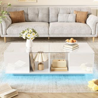 Merax Couchtisch Weiß Hochglanz, Wohnzimmertisch mit LED Beleuchtung, Beistelltisch mit Glasplatte (Kratzfest), Wohnzimmertisch mit Seitlichen Stauraum, 120