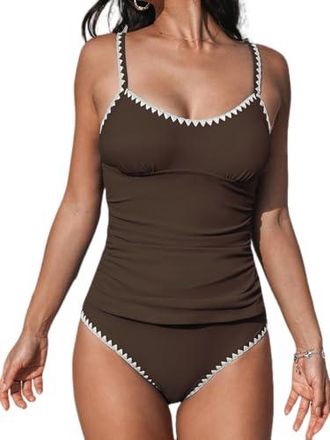 Cupshe Tankini 2 pi&egrave;ces pour femme avec encolure d&eacute;gag&eacute;e, taille moyenne, bretelles r&eacute;glables, coutures coquilles (XS-4XL), marron, Taille XL