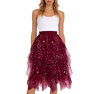 Generic Jupe longue en tulle pour femme - Jupe &agrave; paillettes pour femme - Style midi - &Eacute;l&eacute;gante - Irr&eacute;guli&egrave;re - Taille haute &eacute;lastique - Costume de carnaval - 