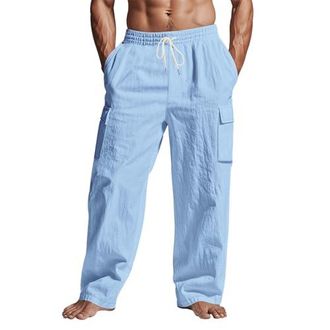 Generic Pantalon de jogging pour homme - Mode unie - Pantalon d&eacute;contract&eacute; en lin respirant - Poche cargo ample - Pantalon d&eacute;contract&eacute; &agrave; jambes larges, bleu cl