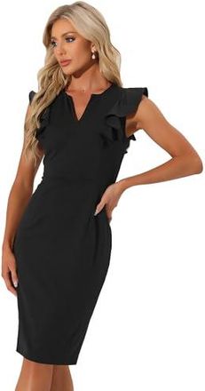 Allegra K Robe Midi Fourreau Femme à Manches Capes à Volants Col en V Robes Crayon de Business Fendue Noir XL