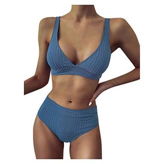 Generic Ensemble de bikini 2 pi&egrave;ces taille haute pour femme - Contr&ocirc;le du ventre - Triangle push-up - Maillot de bain basique pour piscine, bleu, XL