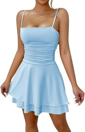 Generic Robe pour femme avec jupe pliss&eacute;e sans bretelles avec col carr&eacute; - Robe bordeaux &eacute;l&eacute;gante pour femme, bleu, XL