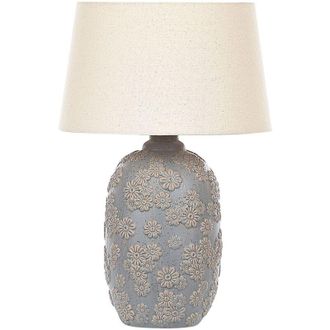 Beliani Tischlampe Grau und Beige Keramik Blumenmuster 46 cm Stoffschirm Kegelform langes Kabel mit Schalter handgefertigt Schlaf- u. Wohnzimmer