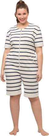 Ulla Popken Damen gro&szlig;e Gr&ouml;&szlig;en &Uuml;bergr&ouml;&szlig;en Plus Size Loungewear-Jumpsuit, Ringel, Rundhals, Zipper, Halbarm Kreide 50+ 816723205-50+