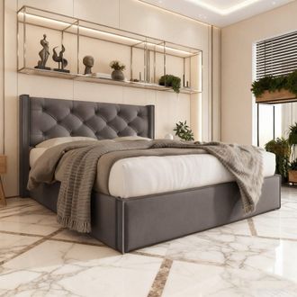 Generic Polsterbett 140x200 cm mit Hydraulik-Stauraum - Graue Baumwolle & Metallrahmen - Doppelbett inkl. Matratze & Lattenrost