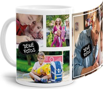 Tassendruck Foto-Tasse zum selbst gestalten mit Foto-Collage für 4 Wunschfotos - Geschenk für Familie, Freunde, Geburtstag, Weihnachten - Keramik Weiß, 300 ml I P