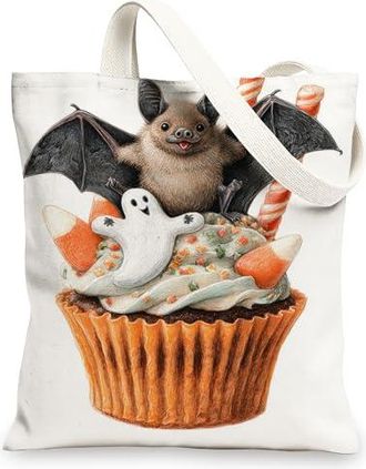 Generic Sacs fourre-tout en toile pour Halloween, motif chauve-souris et fantôme, sacs dépicerie réutilisables, légers et lavables avec bandoulière pour salle