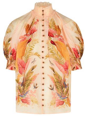 Zimmermann Billow Ramie Puff Sleeves Blouse in Cream Palm Floral