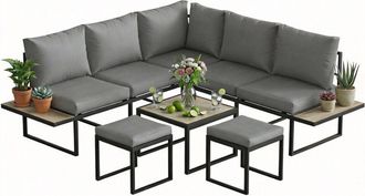 OUTSUNNY Salon de jardin ext&eacute;rieur - Outsunny - 6 personnes, modulable avec table basse et plateaux lat&eacute;raux en bois PSPC - gris