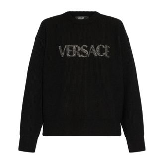 Versace Femme, Pulls, Noir, Taille: 34 FR Pull avec logo fini avec des cristaux scintillants