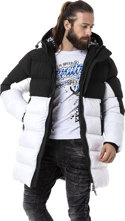 Cipo & Baxx Herren Mantel CM206 Schwarz - Stylische Winterjacke im modernen Design mit warmem Innenfutter, abnehmbarer Kapuze und funktionalen Details f&uuml;r kalte T