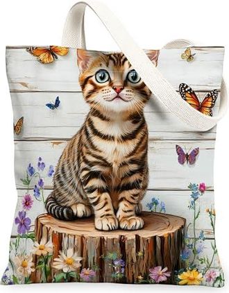 Generic Sac fourre-tout en toile motif chats du Bengale printanier, 33 x 38,1 cm, sac d&eacute;picerie r&eacute;utilisable en tissu &agrave; bandouli&egrave;re pour femme, peinture danim