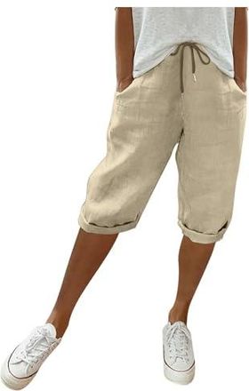Generic Short Lin Coton Femme &Eacute;t&eacute; Chic Large Fluide Shorts et Bermudas Habill&eacute; Femmes Grande Taille &Eacute;lastique avec Poches Confortable Ample Mode Casual Sport 