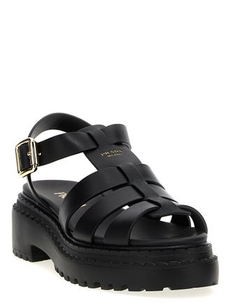 Prada Womens Black Calfskin Flat Sandals