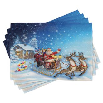 Abakuhaus Weihnachten Platzmatten, Sankt im Pferdeschlitten Spielzeug, Digitaldruck auf Waschbaren Stoff Tischdekoration Küche, Navy blau