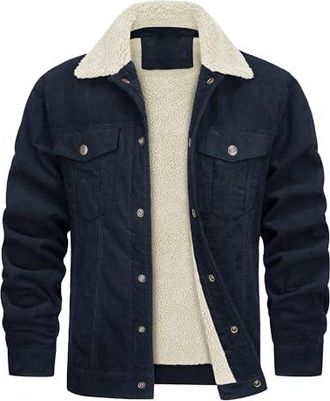 Generic Veste de camionneur en velours c&ocirc;tel&eacute; doubl&eacute; Sherpa avec boutons sur le devant et col en fourrure pour homme, bleu, XL